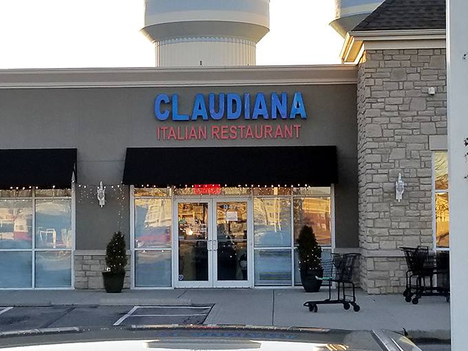 Blue letters, red accent&mdash;the Italian flag colors aren't accidental. Claudiana's storefront promises authentic flavors before you even step inside.