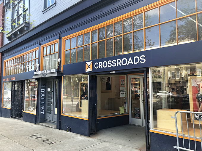Crossroads Trading's sleek storefront whispers "curated vintage" - where thrift shopping meets boutique style perfectly. 