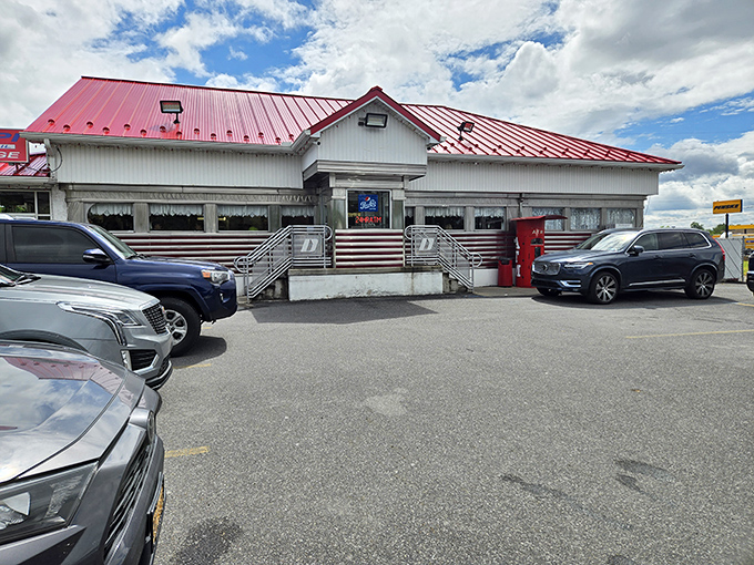 D's Diner's striking red roof stands out like a cardinal in winter. Where locals gather and strangers become regulars.