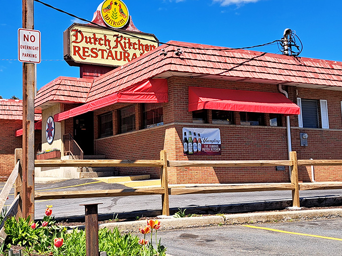 The Dutch Kitchen's distinctive red roof and brick exterior stands ready to defend Pennsylvania's comfort food heritage one hearty meal at a time.