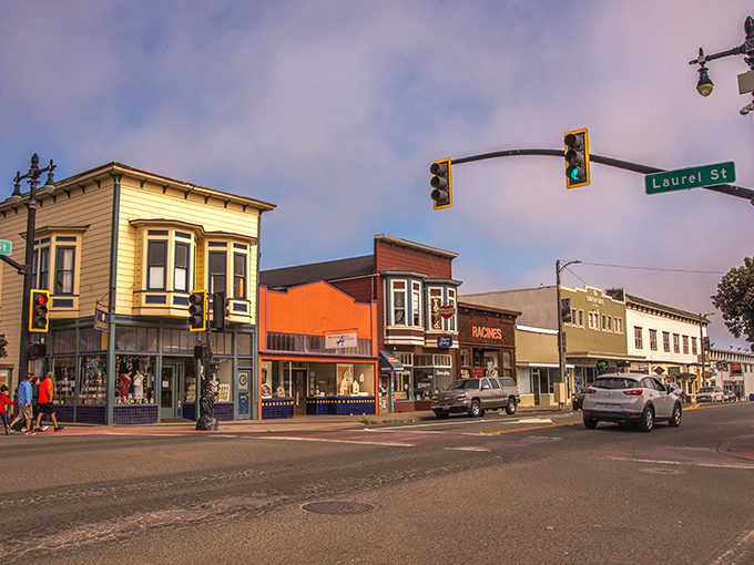 Fort Bragg's colorful downtown invites exploration. These historic storefronts have witnessed more coastal stories than a fisherman's tavern.