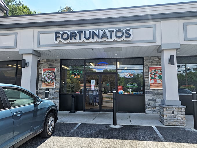 Fortunato Brothers' clean, modern storefront promises pizza perfection. The stone accents add a touch of class to this Bel Air pizza destination.