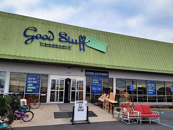 Good Stuff indeed! This cheerful green storefront houses more treasures than a pirate's chest. The outdoor furniture display is just a teaser of what's inside.