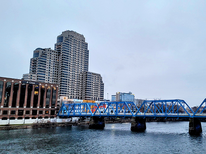 Grand Rapids' skyline meets the iconic blue bridge, creating that perfect "I should frame this" moment for weekend explorers.