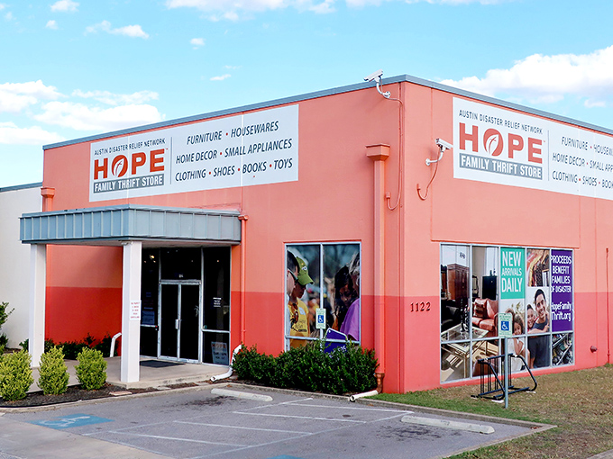 HOPE's coral-colored building stands out like a flamingo in a flock of pigeons, impossible to miss on Austin's landscape.