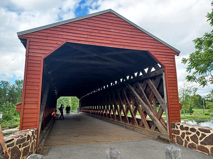 Inside this wooden cathedral, sunlight plays between beams creating a light show that no modern designer could improve upon.