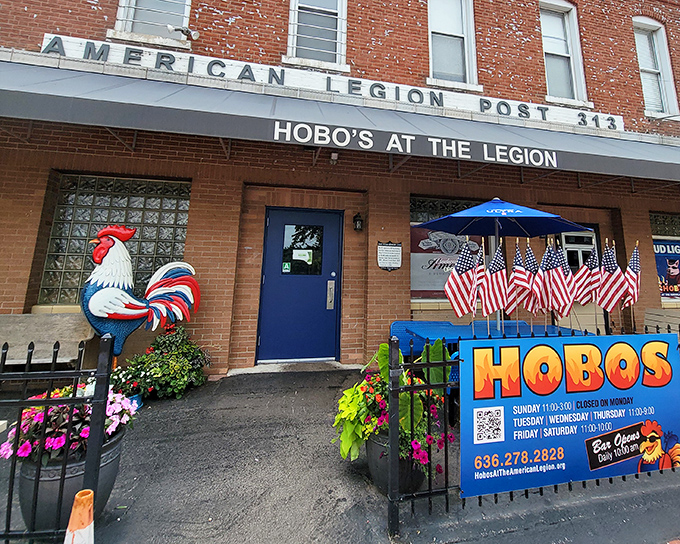 Hobo's patriotic entrance, complete with rooster sentinel, promises comfort food that would make any veteran proud.