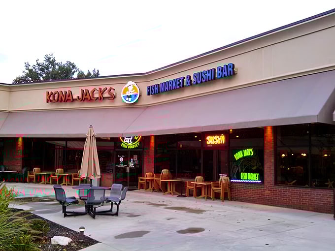 Kona Jack's neon sign glows like a beacon for seafood lovers searching for island flavors in landlocked Indianapolis.