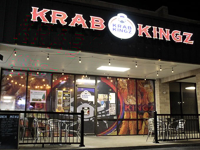 Krab Kingz doesn't whisper, it announces! That bold sign is like Vegas for seafood lovers&mdash;promising royal treatment for your taste buds.