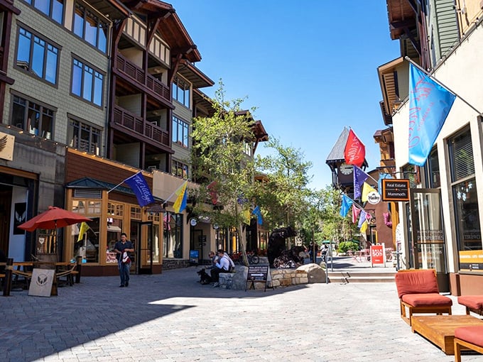 Mammoth Lakes where the pedestrian plaza proves mountains make the best shopping mall backdrop ever.