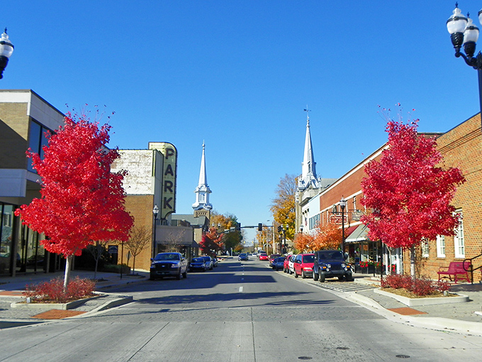 McMinnville's downtown vista stretches toward the horizon, where brick buildings and church spires create that quintessential small-town skyline.