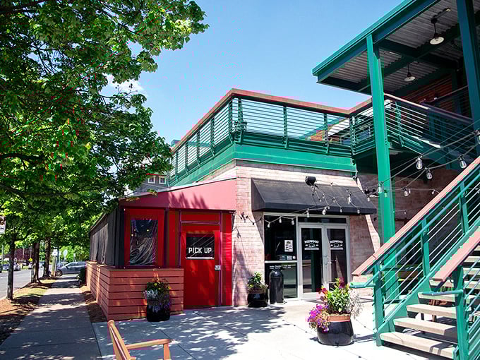 Midwood's green-trimmed patio practically shouts "Come sit a spell!" The stairway to chicken heaven is painted teal, apparently.