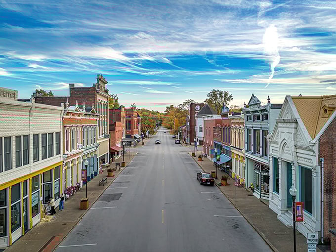 New Harmony's historic district blends brick, wood, and autumn colors into a peaceful small-town symphony.