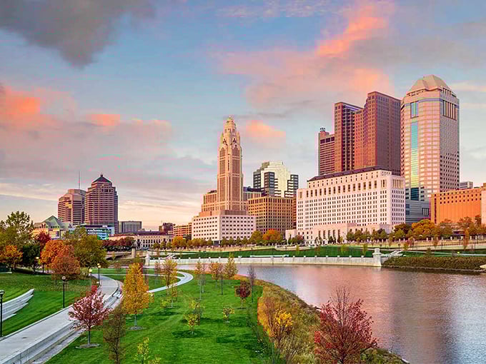 Niles showcases its blend of historic charm and urban presence with a tall office building anchoring the downtown skyline.