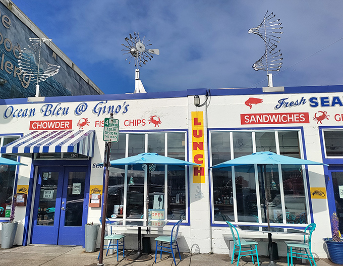 Ocean Bleu's whimsical metal sea creatures dance on the roof, a playful preview of the seafood magic happening inside.