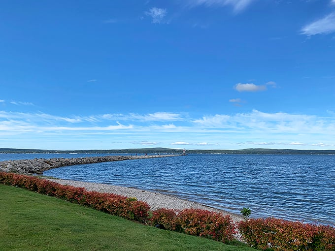 A clear blue sky stretches over Petoskey&rsquo;s bay, where a quiet lighthouse and rocky breakwater invite you to pause and take in the serene lakeside view.