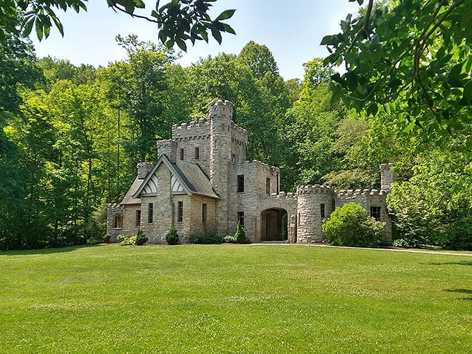 Squire's Castle stands proudly in the sunshine, basically begging you to practice your royal wave from those windows.
