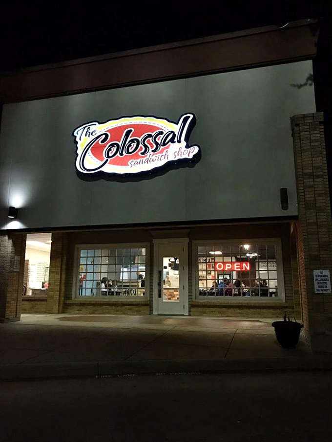 The Colossal's night-time glow is like a beacon for sandwich seekers. Even after dark, this Bedford gem shines bright. 