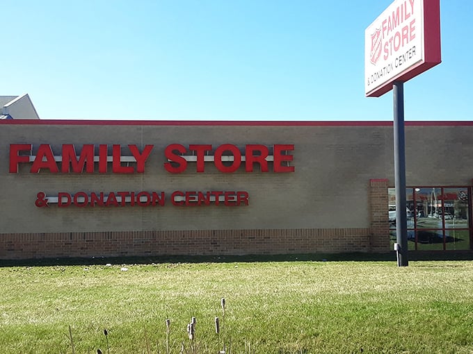 The Salvation Army's bright red signage beckons bargain hunters like a lighthouse for the thrifty. A community institution serving Fort Wayne families.