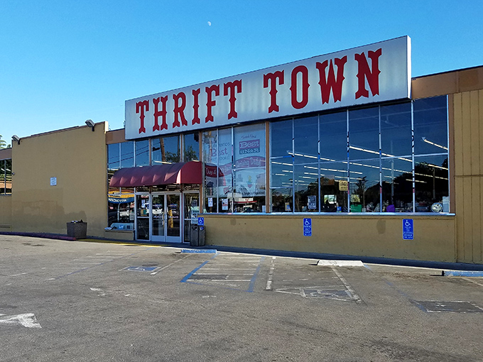 Thrift Town's bold red signage stands out like a beacon for bargain hunters. The Vegas of vintage without the gambling losses.