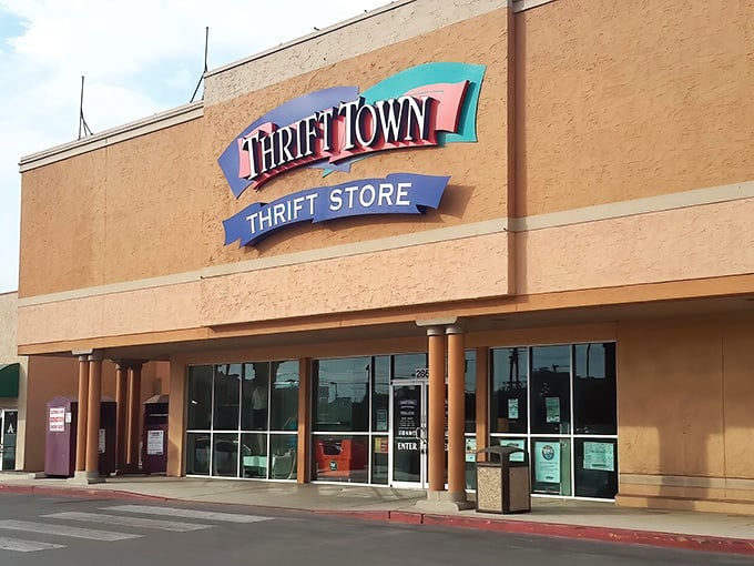 Thrift Town's cheerful signage welcomes you to a world where one person's castoffs become another's conversation pieces.