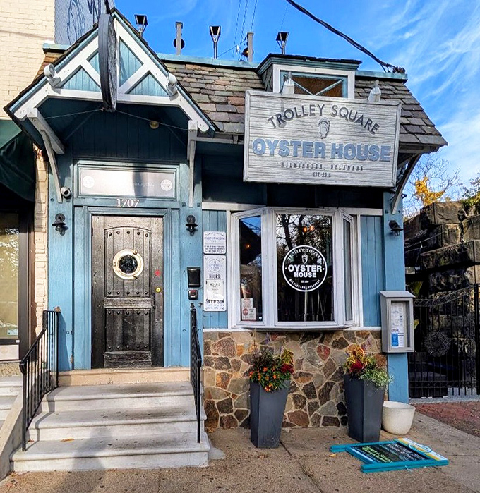 Trolley Square Oyster House stands out like a blue-hued maritime postcard in the middle of Wilmington's urban landscape.