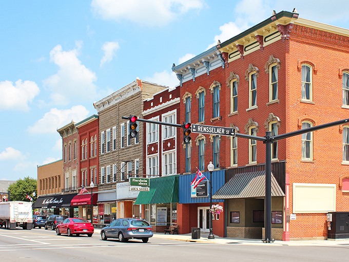 Sunlight bathes Bucyrus's brick storefronts in golden warmth, highlighting a downtown where your retirement dollars stretch like saltwater taffy.