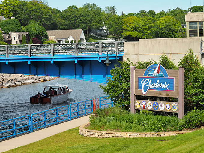 Charlevoix welcomes boaters and dreamers alike, where the blue bridge opens to let sailing adventures begin on crystal clear waters.