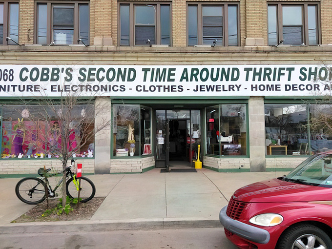 Downtown thrift shopping at its finest - where every window tells a story of hidden treasures.