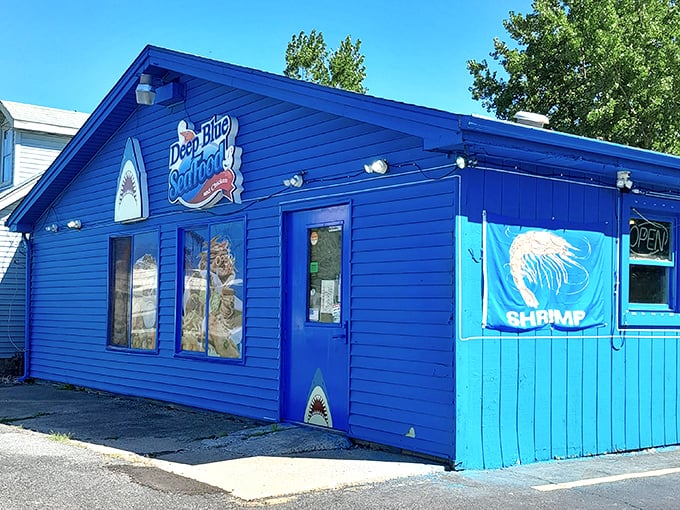 That "SHRIMP" banner isn't kidding around. Deep Blue's eye-catching blue building promises ocean treasures in the heart of Portage.