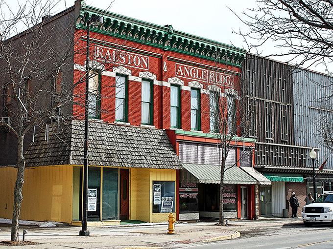 The brick buildings of Danville's main street create a picturesque corridor where colorful awnings and lamp posts add charm to the unhurried scene.