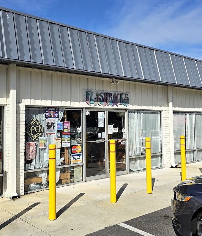 Those yellow safety poles aren't just practical&mdash;they're guarding a gateway to vintage fashion heaven!