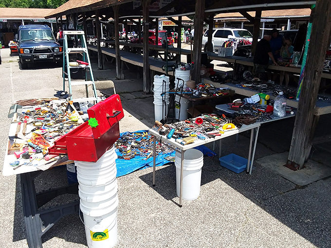 Tools, toys, and trinkets galore! This covered market area offers protection from the elements while you hunt for deals.