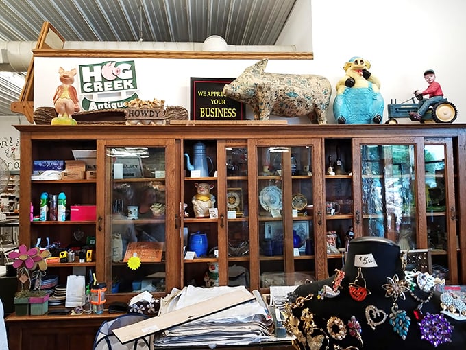 Inside Hog Creek, vintage treasures await behind glass like museum pieces, except here, you can actually take them home. No security guards necessary!