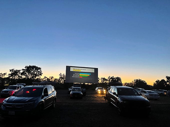 "Did you bring the extra blankets?" Drive-in movie night requires proper preparation and prime parking.