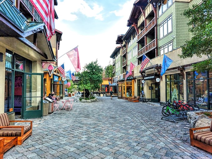 European alpine vibes meet California sunshine in this perfectly planned mountain village center.