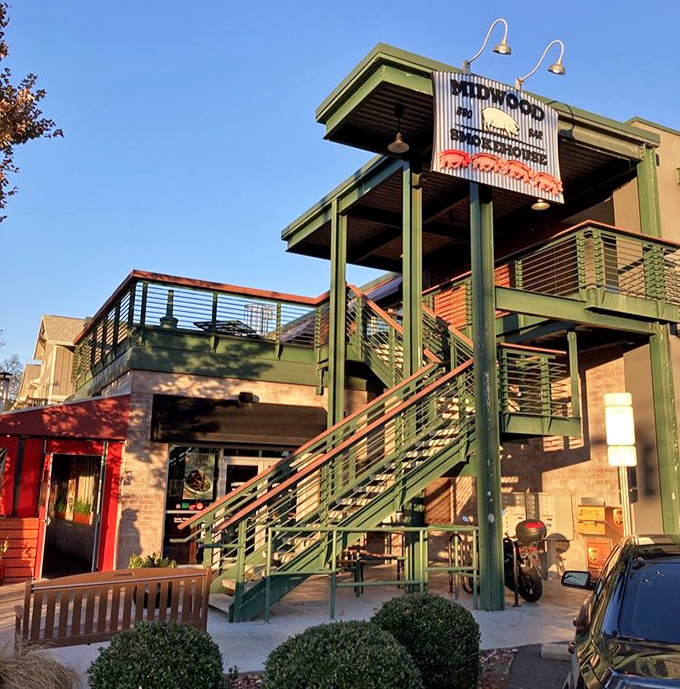 Sunset casts a golden glow on Midwood's multi-level charm &ndash; much like their chicken's perfect crust catches the light before that first heavenly bite.