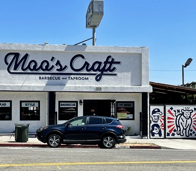That patriotic mural tells you everything: American BBQ done right, with California style and flair. 