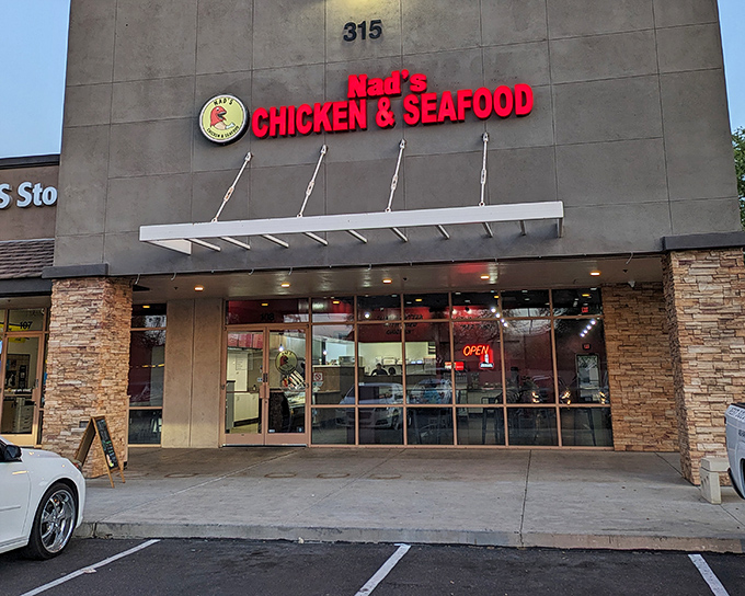 Clean lines and bold signage suggest serious business when it comes to chicken and seafood perfection. 