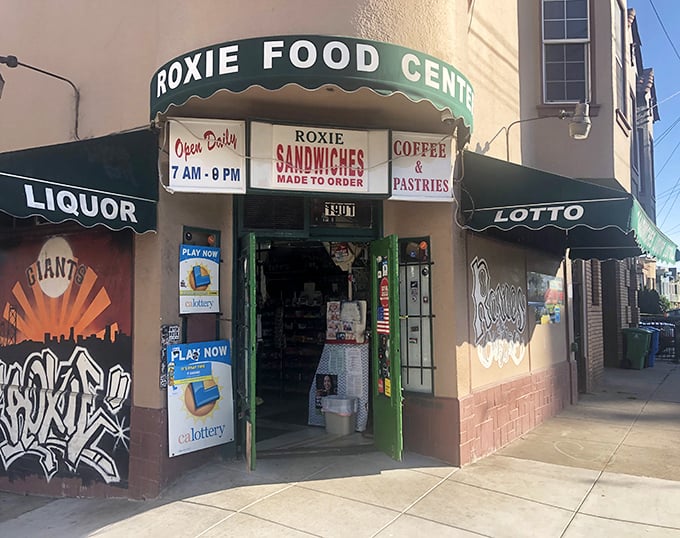 Where lottery tickets meet legendary sandwiches&mdash;Roxie's green awning signals sandwich greatness is just inside.