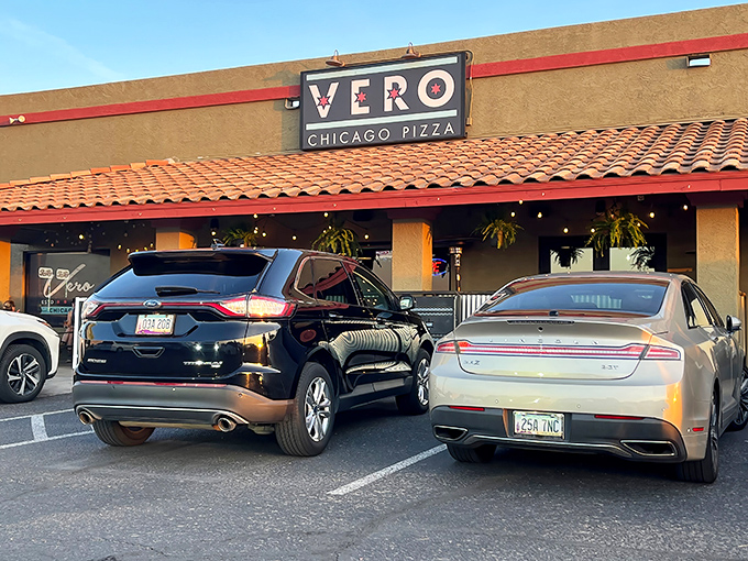 The bold exterior signals something special &ndash; Chicago-style pizza done right, far from home.