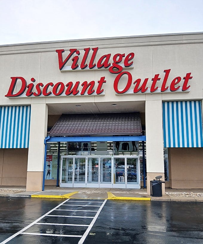 Rain or shine, Village Discount Outlet's blue-striped awnings welcome treasure seekers to a bargain wonderland.
