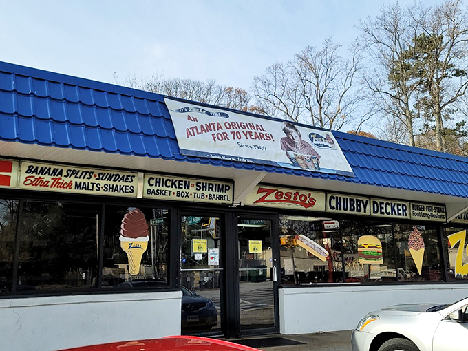 Zesto's sign promises three essential food groups: chicken, shrimp, and the mighty Chubby Decker burger.