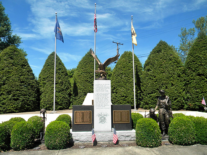 The 14th Quartermaster Detachment Memorial honors local heroes with dignified simplicity. A peaceful place for reflection amid meticulously maintained grounds.