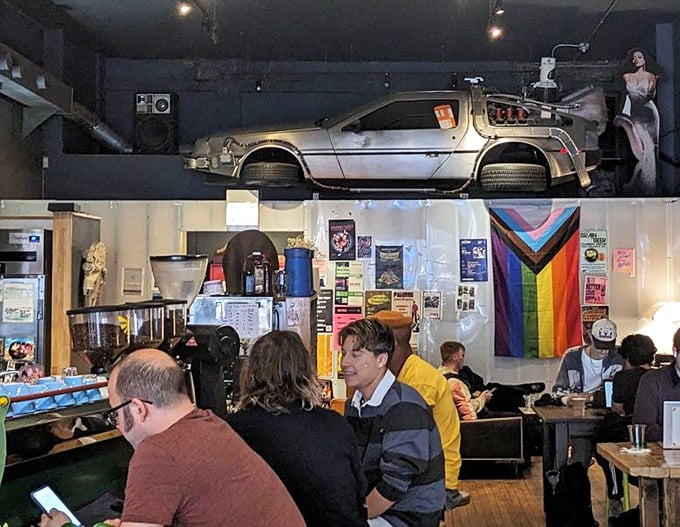 Great Scott! That's not a hallucination&mdash;there's actually a DeLorean suspended above the coffee bar. No flux capacitor required for this trip back to 1985.