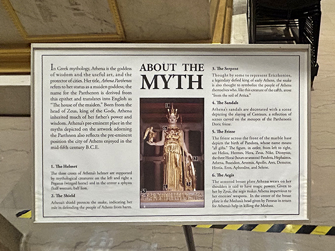 Mythology 101 without the boring textbook. This informative display breaks down Athena's symbolic elements like the world's most elegant cheat sheet.