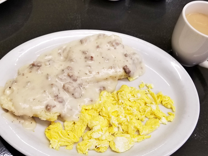 Biscuits smothered in creamy sausage gravy alongside fluffy scrambled eggs &ndash; the Alamo Breakfast doesn't remember defeat, only deliciousness.