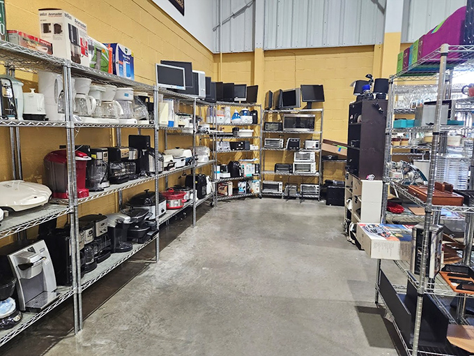 The appliance section: where toaster ovens and coffee makers patiently wait for their second act in someone else's morning routine.