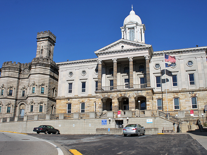 The Armstrong County Courthouse commands attention with its stately columns and impressive dome, a architectural reminder of when public buildings were designed to inspire civic pride.