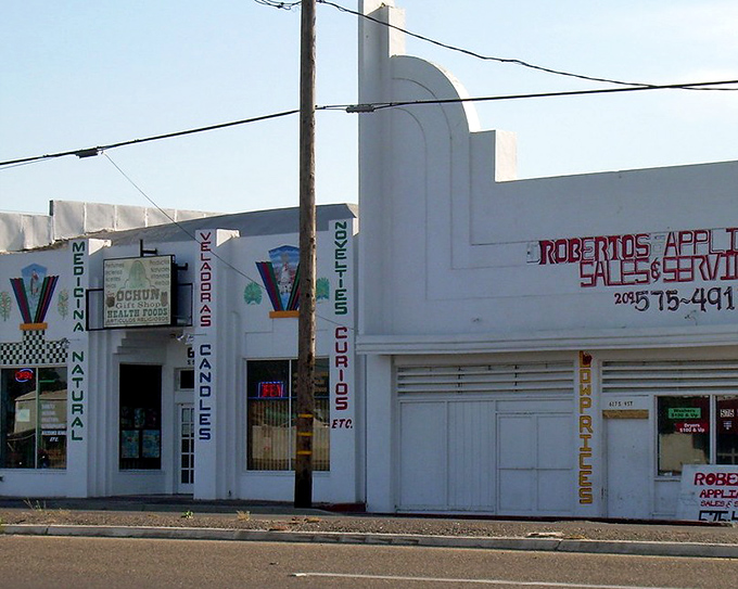 These white Art Deco storefronts could be extras in a Golden Age Hollywood film, quietly preserving Modesto's architectural history while housing modern businesses.